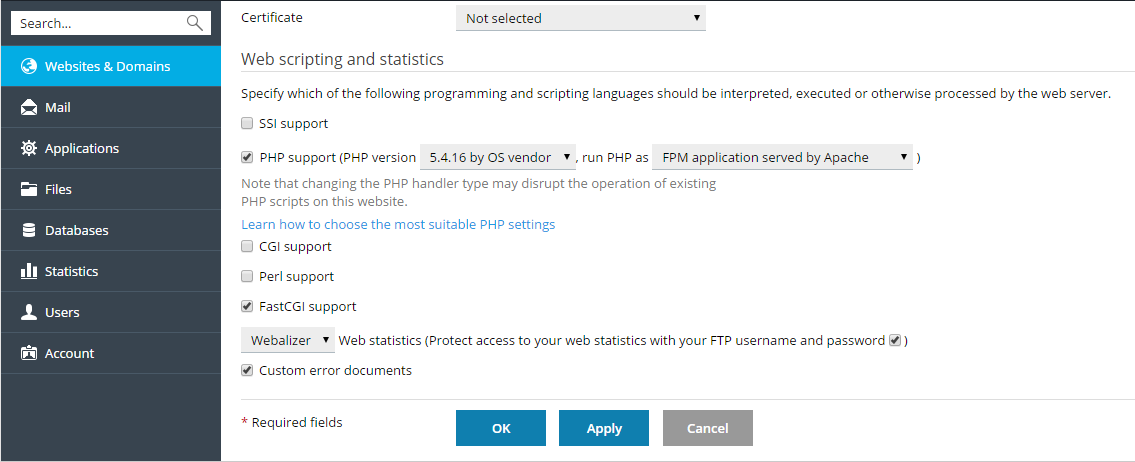 Configuración de scripting web | Plesk Onyx documentation